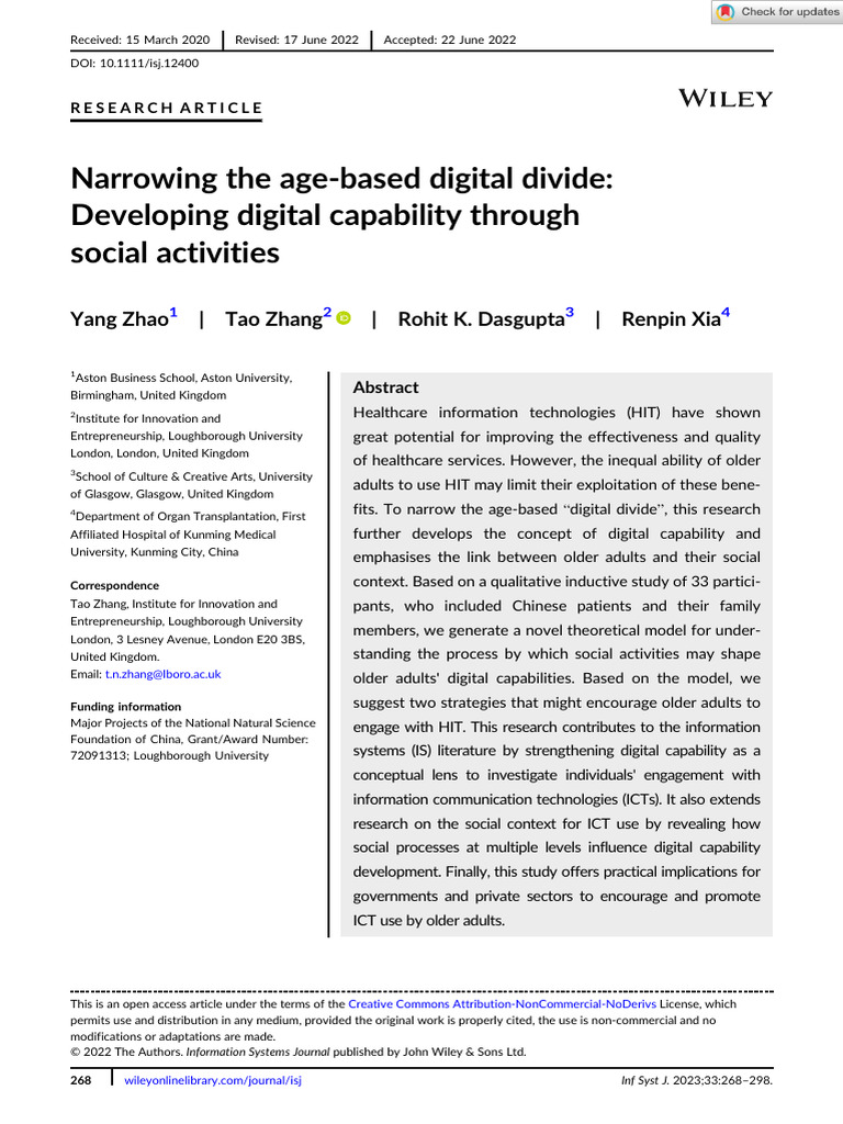 Information Systems Journal - 2022 - Zhao - Narrowing The Age Based Digital Divide Developing ...