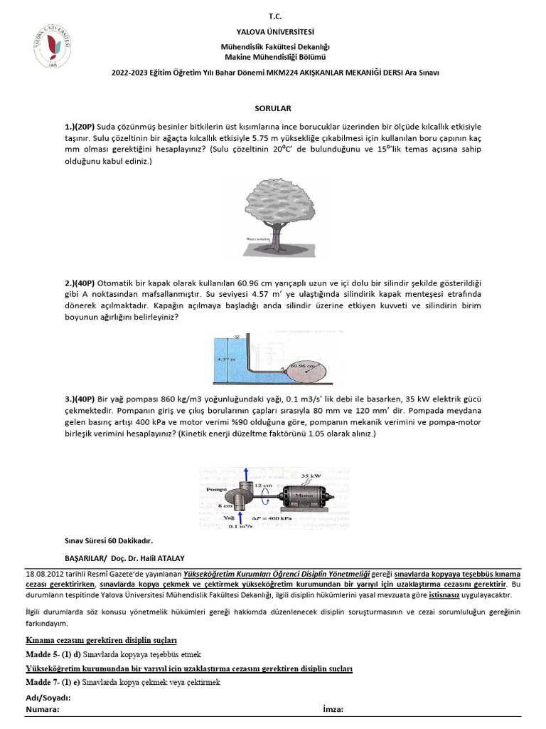 Akiskanlar Mekanigi Dersi Ara Sinav Sorulari 2022 2023 | PDF
