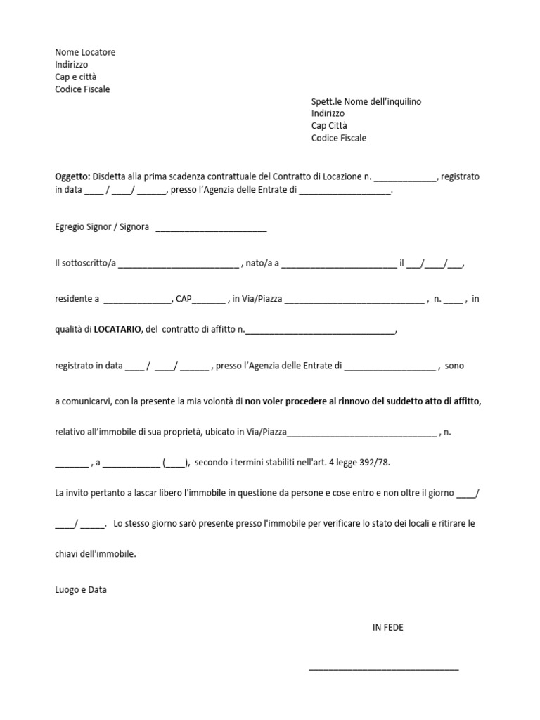 Modulo Disdetta Contratto Locazione A Scadenza Proprietario | PDF