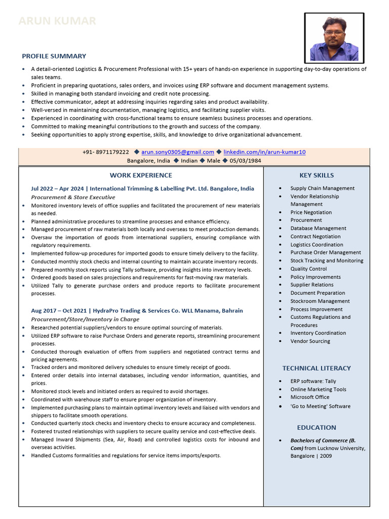 Arun Kumar_Procurement_BA_CV | PDF