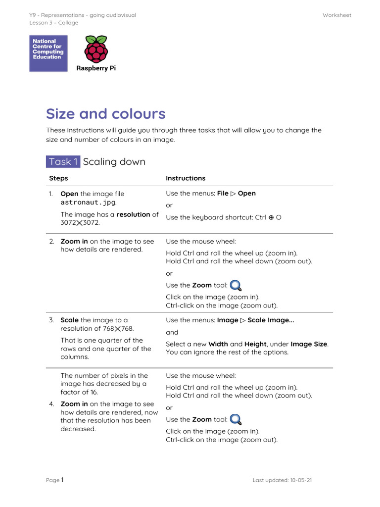 A1 Worksheet - Size and Colours - Image Editing | PDF