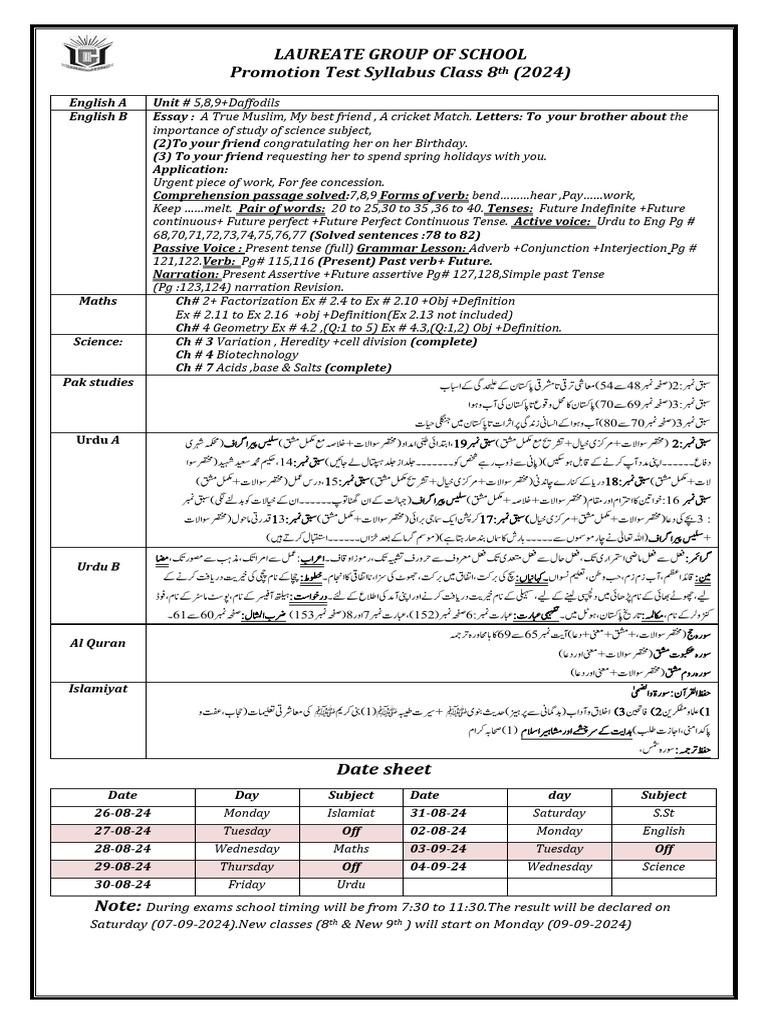 Final Term Syllabus Class 8th New | PDF