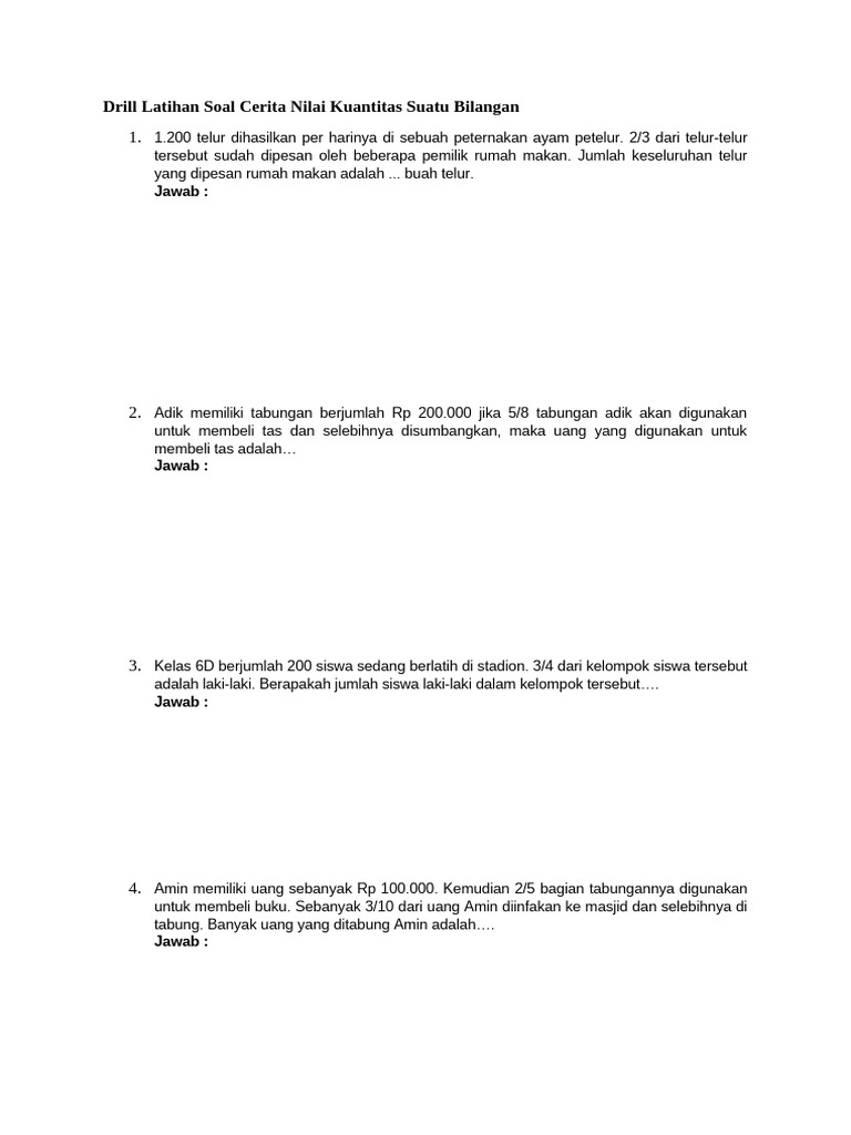 Drill Latihan Soal Cerita Nilai Kuantitas Suatu Bilangan | PDF