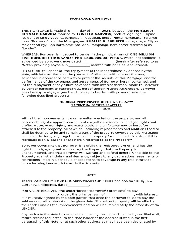 Mortgage Agreement for Property in Philippines | PDF | Mortgages | Interest
