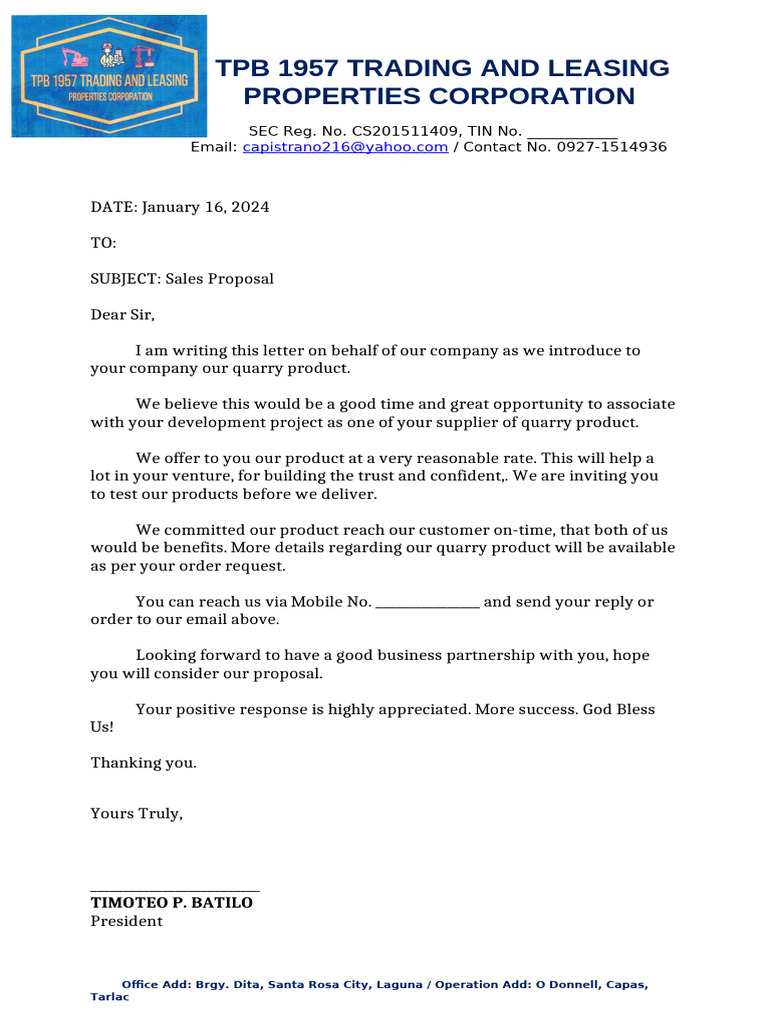 Quarry Product Sales Proposal Letter | PDF | Law | Business
