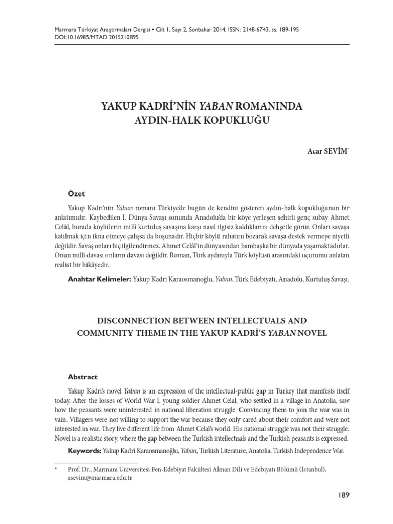 Yakup Kadri'Nin Yaban Roman Nda Ayd N-Halk | PDF