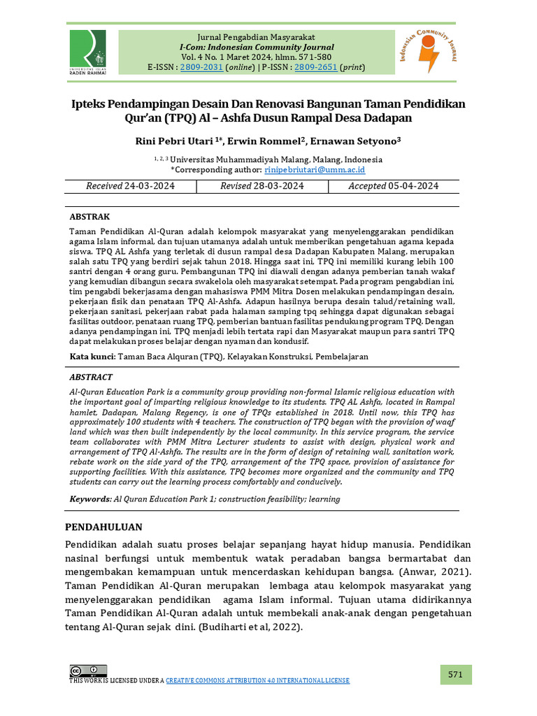 Ipteks Pendampingan Desain Dan Renovasi Bangunan Taman Pendidikan Qur'an (TPQ) Al - Ashfa Dusun ...