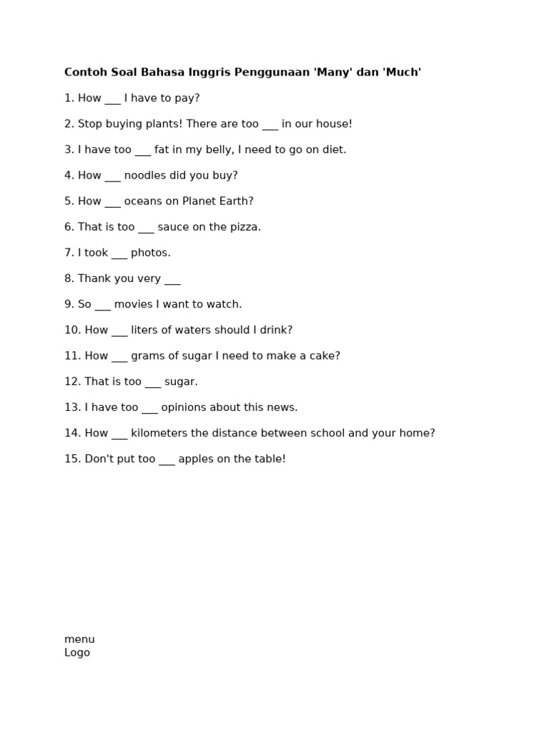 Contoh Soal Much Dan Many | PDF | Linguistic Morphology | Semantic Units