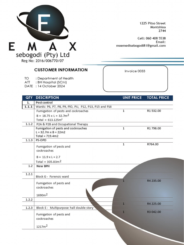 Emaxsebogodi Invoice Fumigation of Pests and Cockroaches (Old & New) | PDF