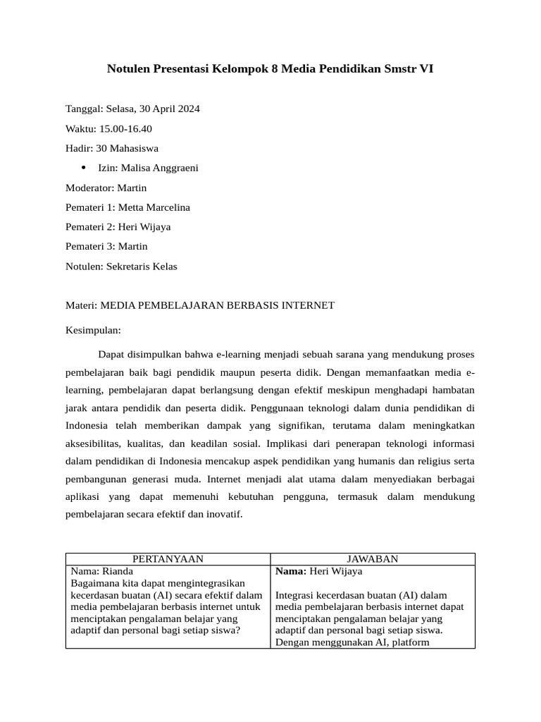 Notulen Presentasi Kelompok 8 Media Pendidikan SMSTR VI | PDF