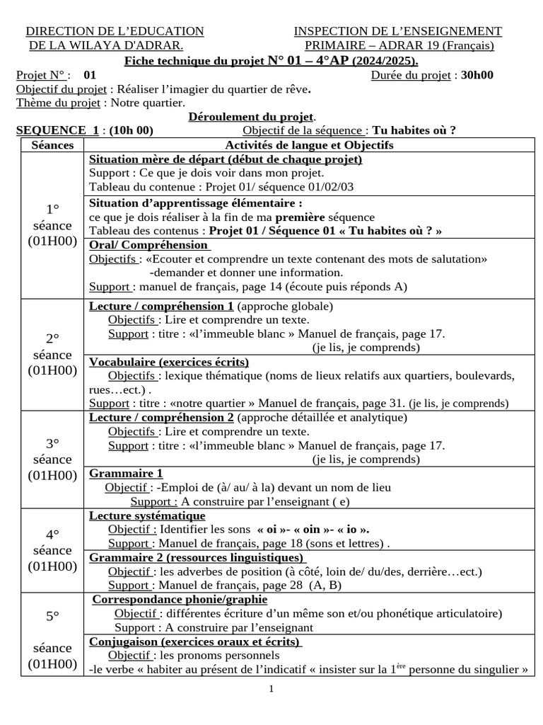 Fiche pédagogique 4AP : Projet 1 | PDF | Langue française | Arts du ...