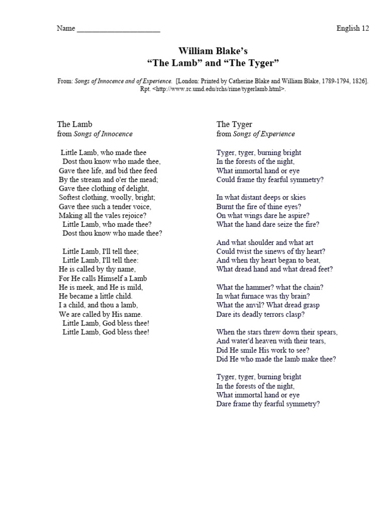 Blake - Lamb and Tyger | PDF