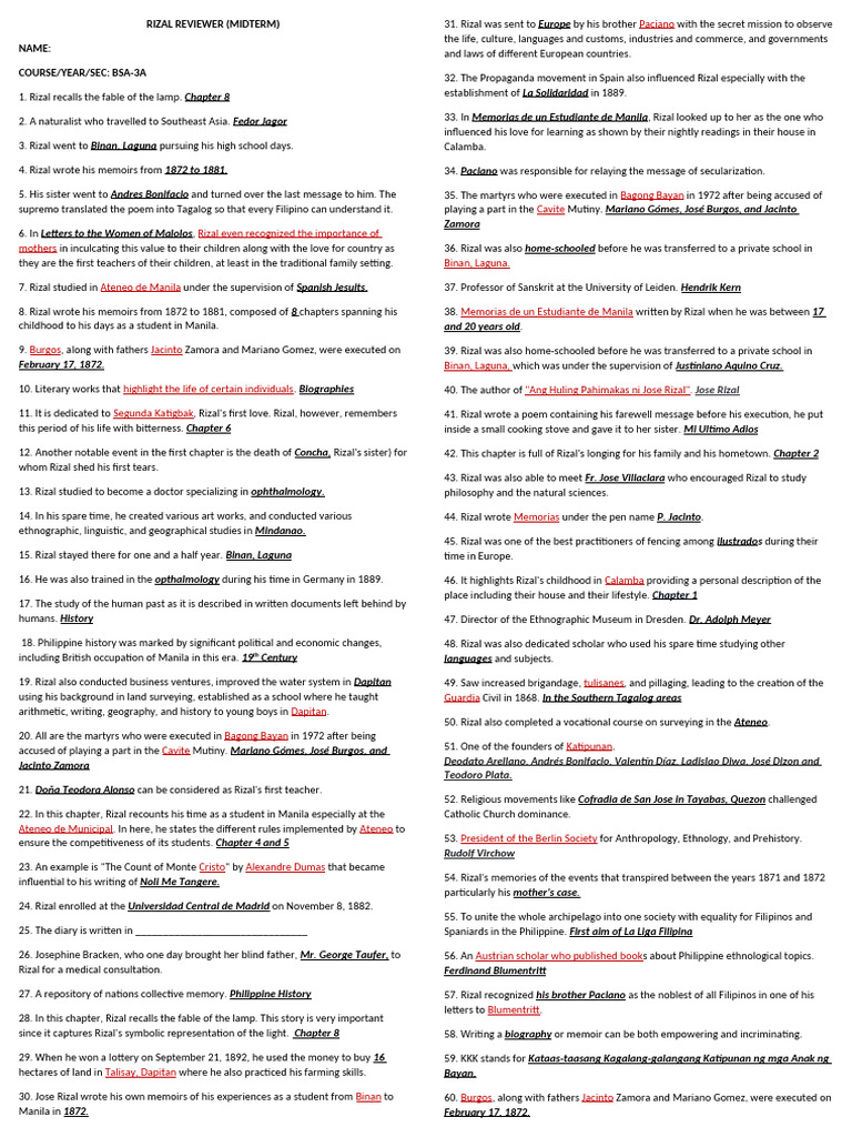 RIZAL REVIEWER MIDTERM-WPS Office | PDF | Philippines | Spanish East Indies