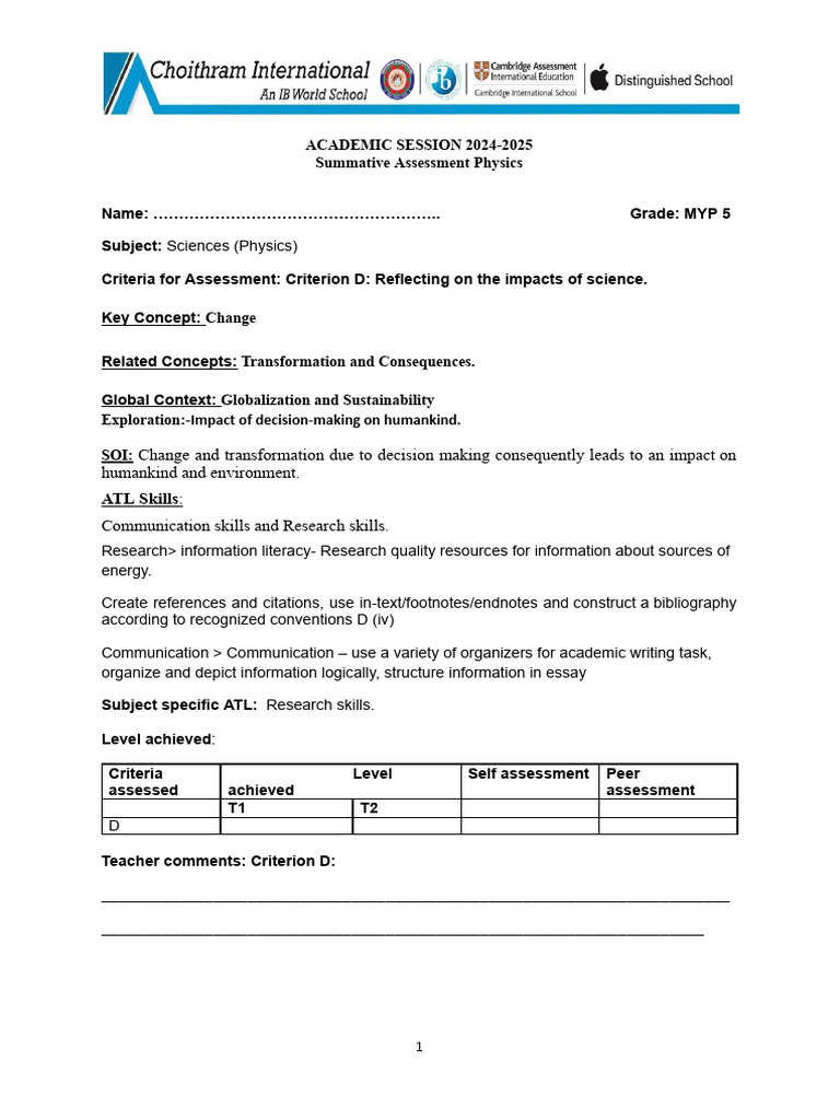 MYP 5 Physics Criterion D 2024-25-.Docx-2 | PDF