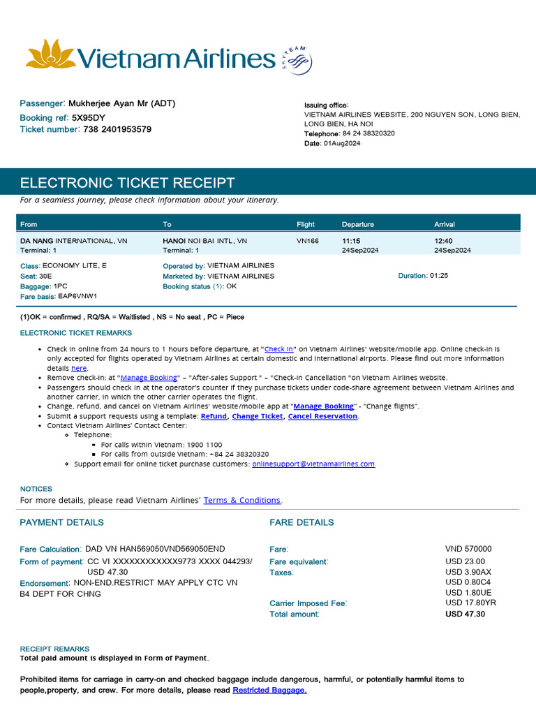 Vietnam Airlines Electronic Ticket Details | PDF | Airlines