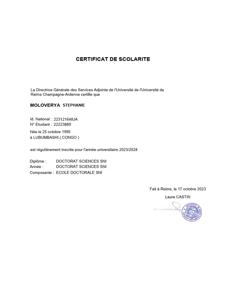 CERTIFICAT DE SCOLARITE 2023 2024 | PDF