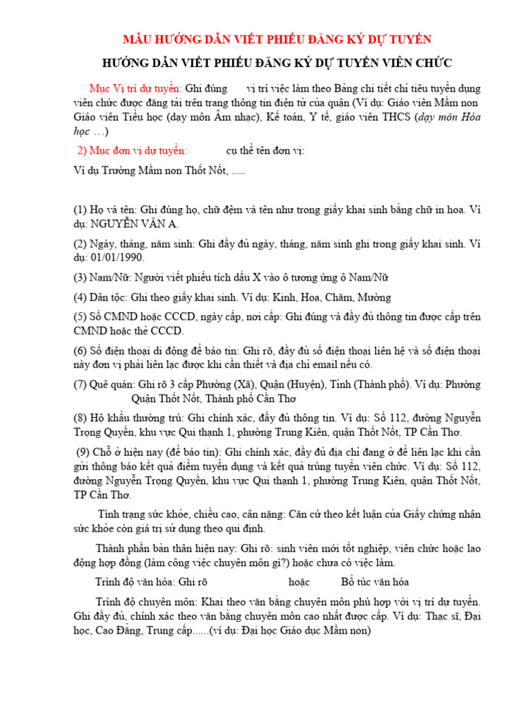 Mau Huong Dan Ghi Phieu Dang Ky Du Tuyen | PDF