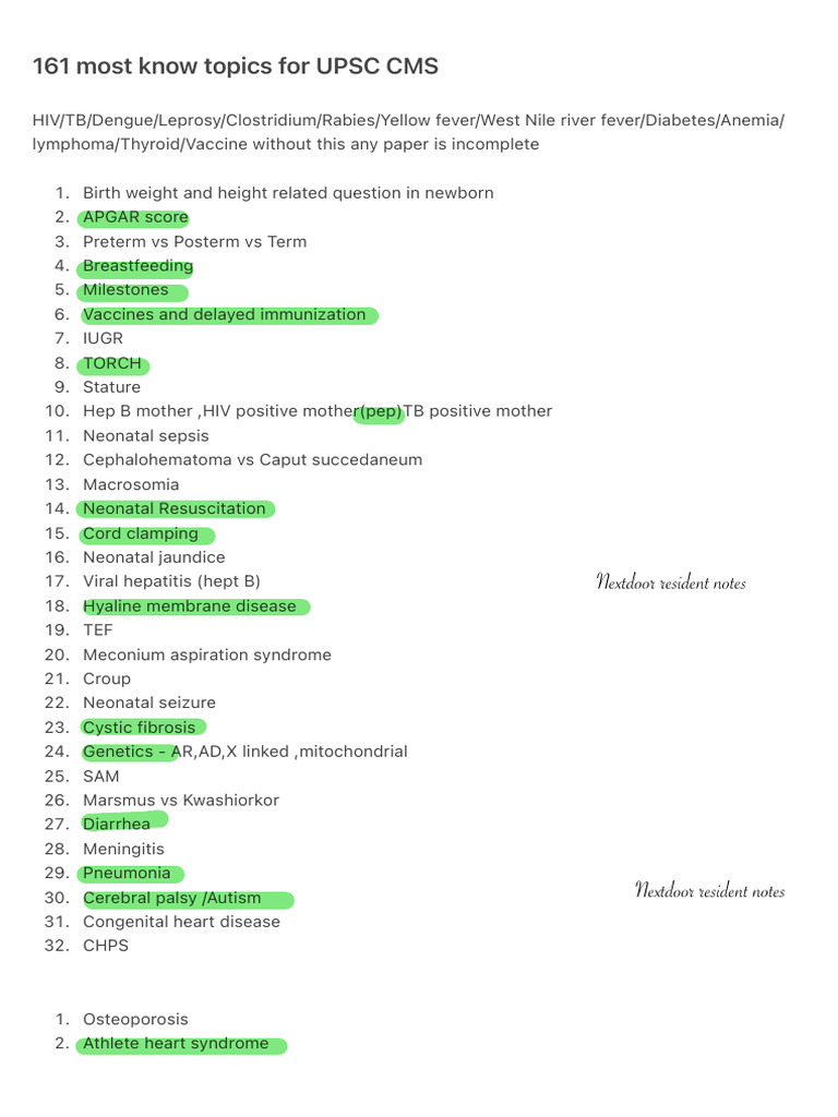 161 Most Know Topics For UPSC CMS | PDF | Cancer | Diseases And Disorders