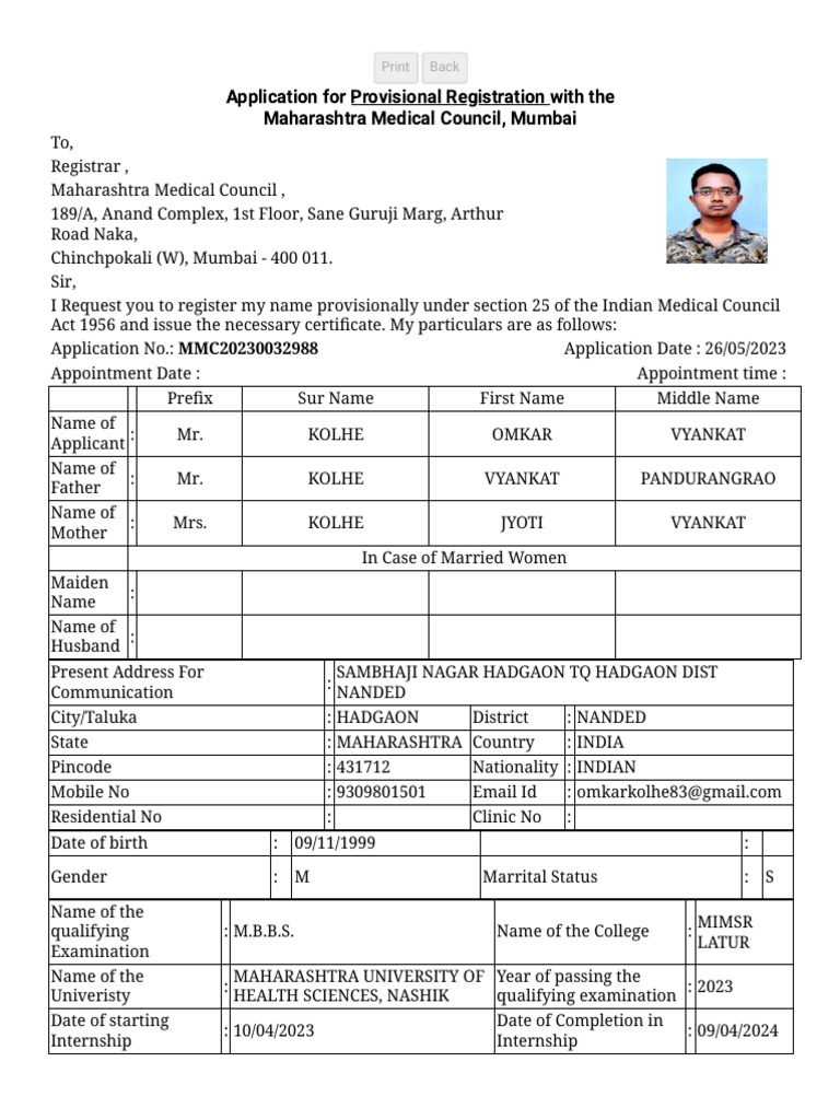 Application For Provisional Registration With The Maharashtra Medical ...