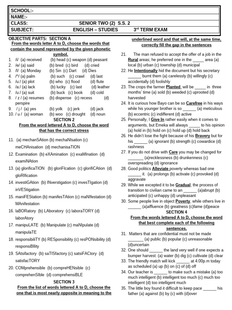 English Studies Ss2 3rd Term Exam | PDF