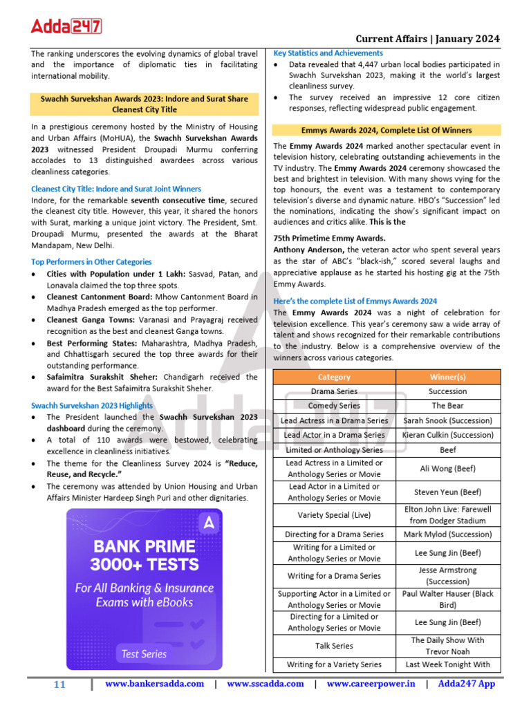 Key Statistics and Achievements: Current Affairs - January 2024 | PDF