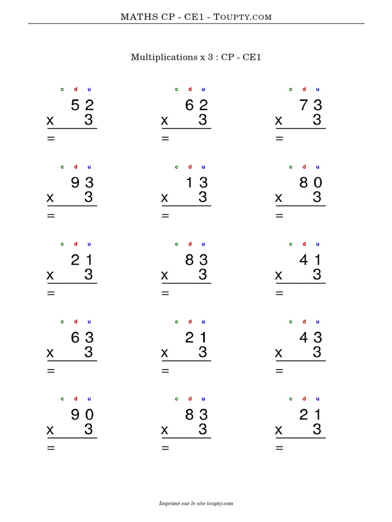 Multiplication CP Ce1 x3 Technique 2 Fiche 1 | PDF