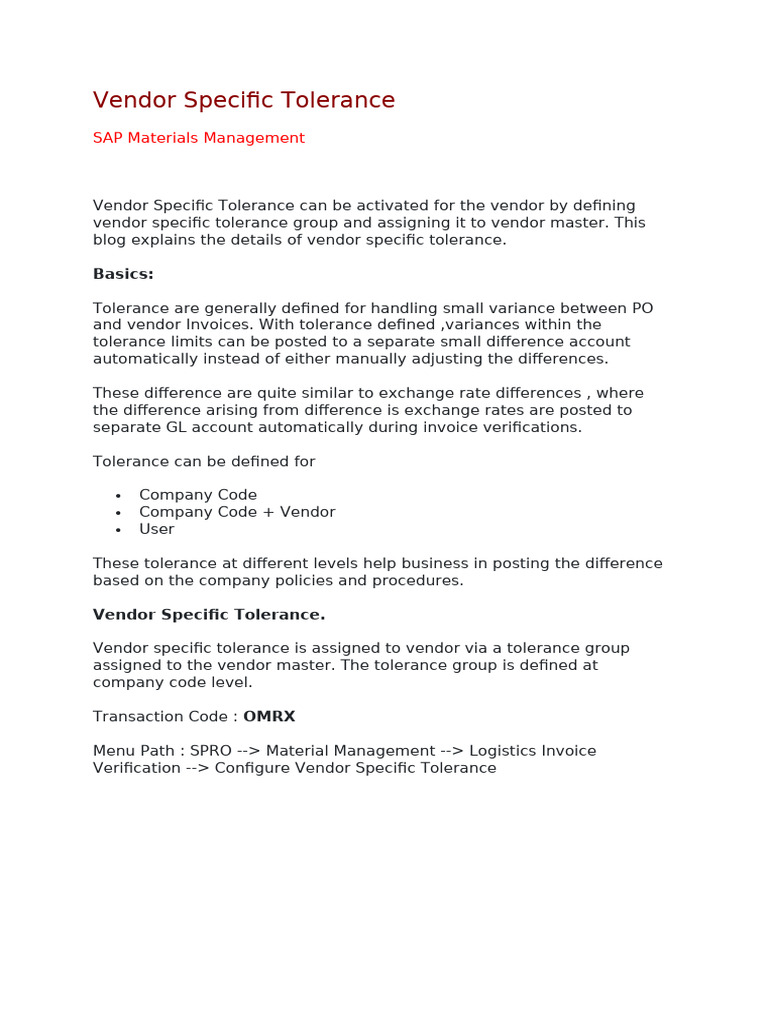 Vendor Specific Tolerance | PDF