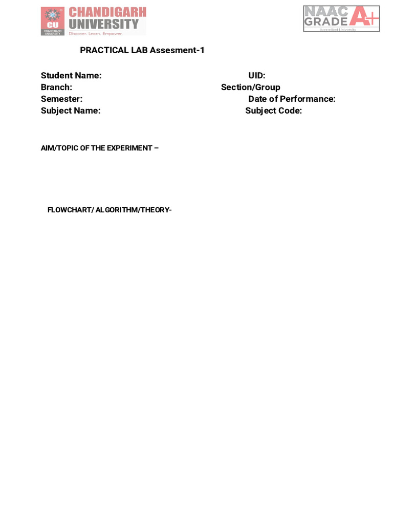 PRACTICAL LAB Assesment-1 Student Name: Uid: Branch: Section/Group Semester: Date of Performance ...