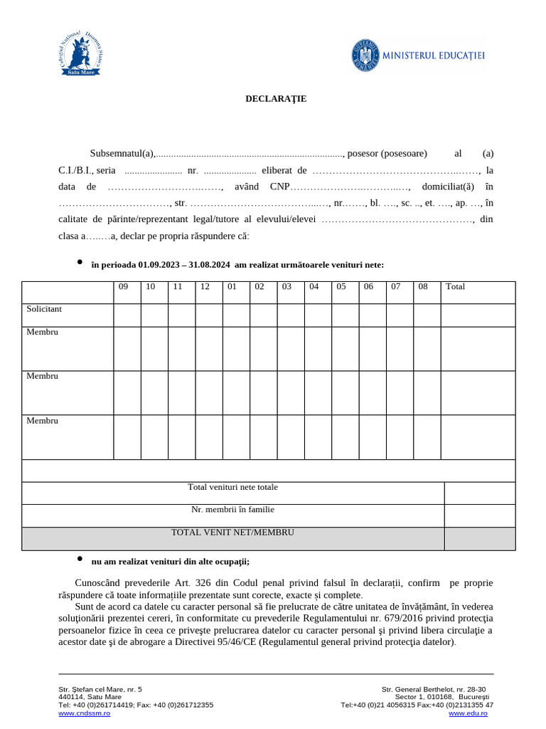 Declaratie Venit 2024-2025 | PDF