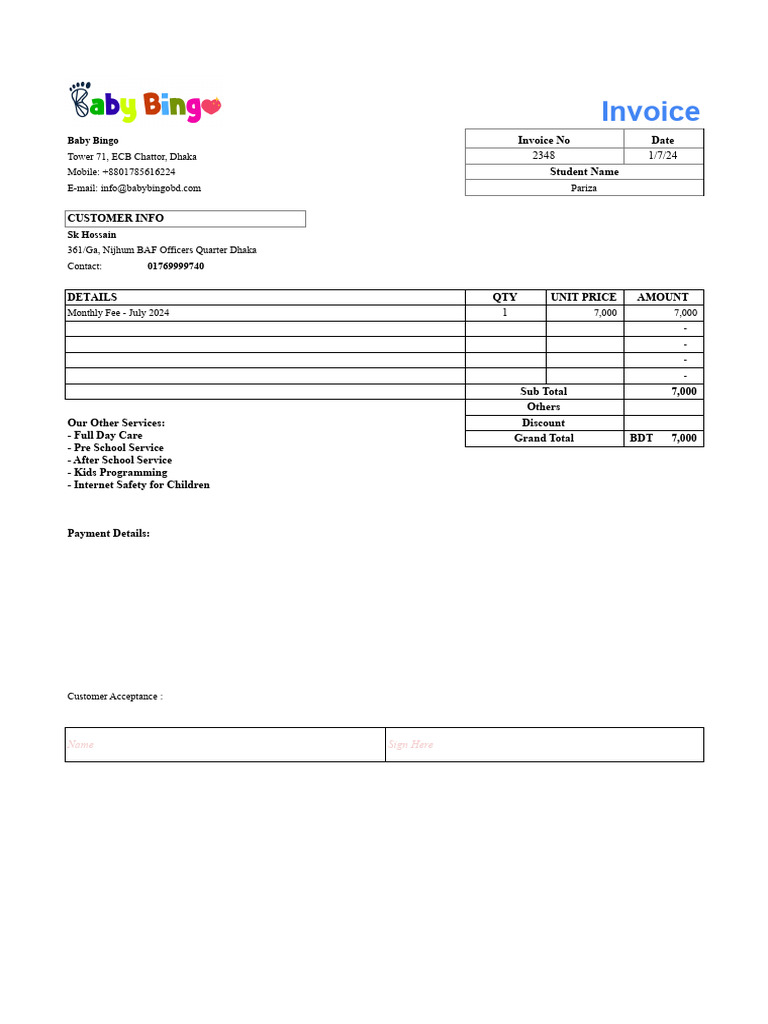Pariza Baby Bingo Invoice July-2024 | PDF