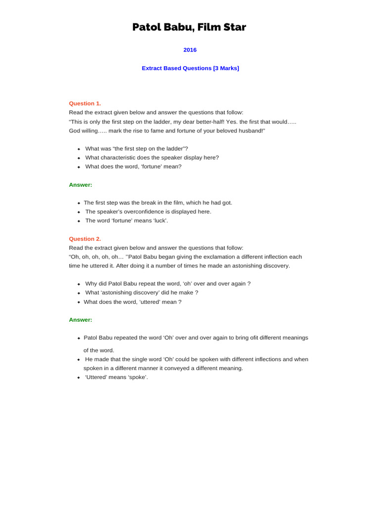 Patol Babu, Film Star: Answer | PDF
