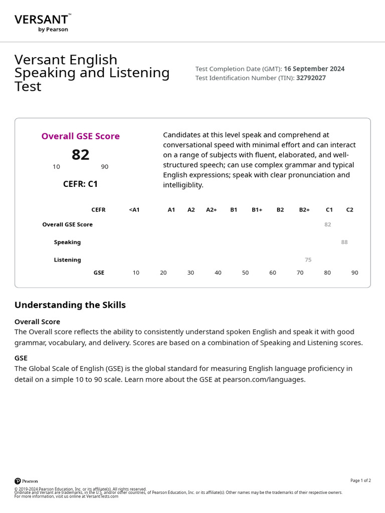 Score Report For Versant English Speaking and Listening Test | PDF
