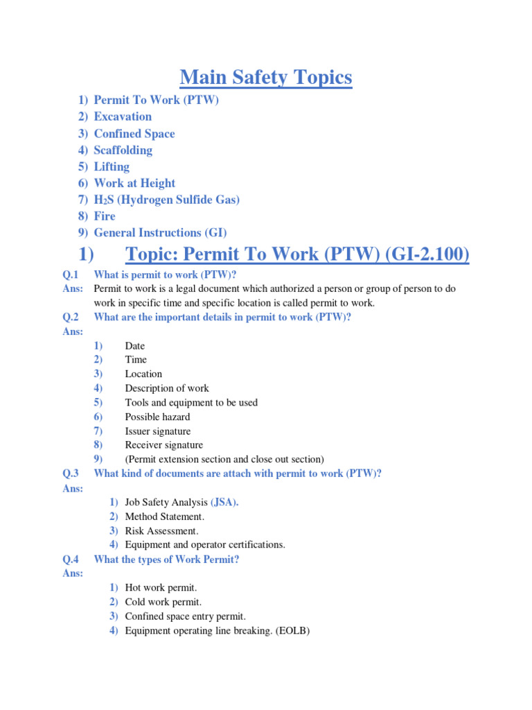 Topic 1 Permit to Work (PTW) Q.13 | PDF