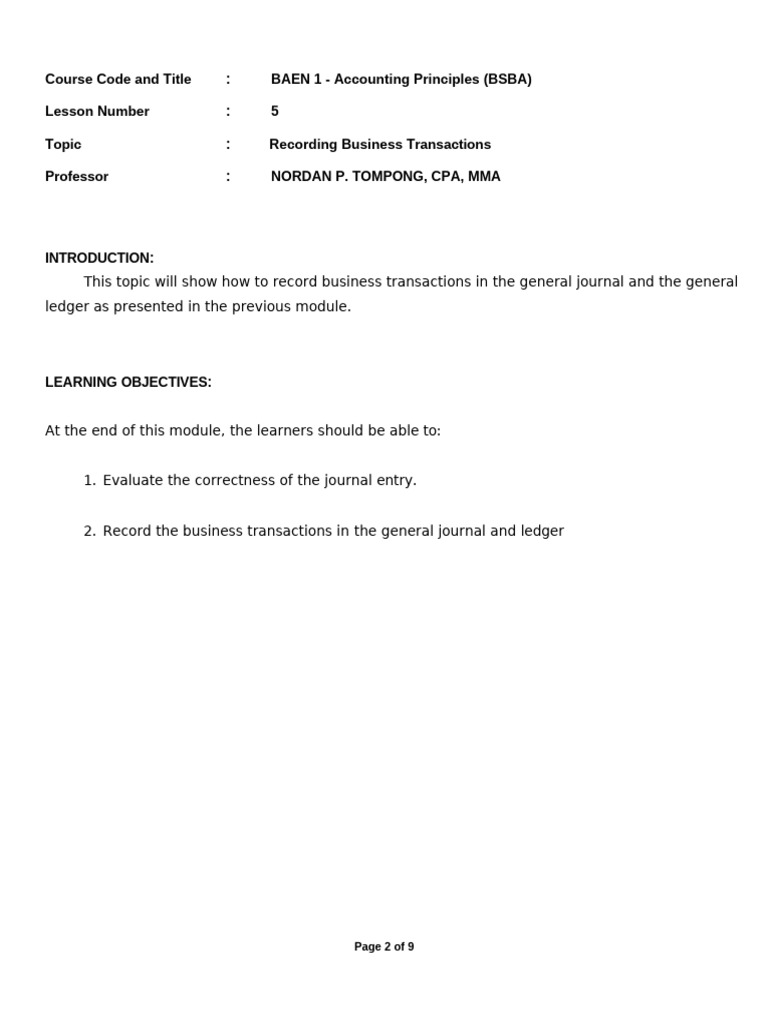 Module 5 Recording Business Transactions Students | PDF