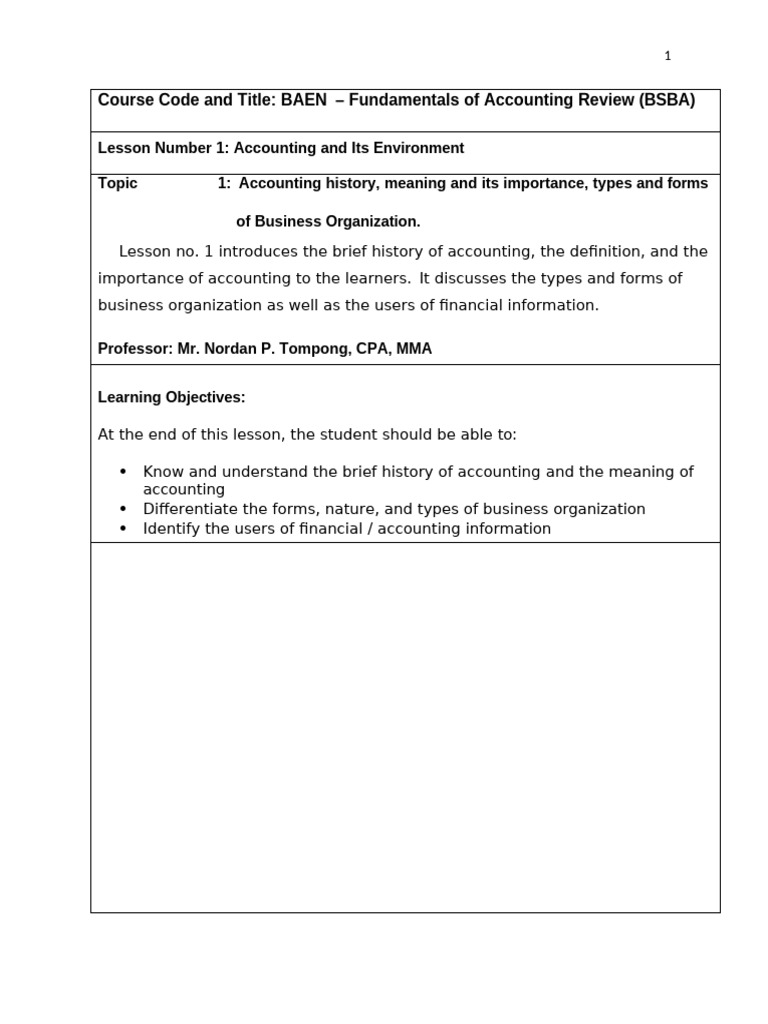 Module 1 Accounting and Its Environment Students | PDF