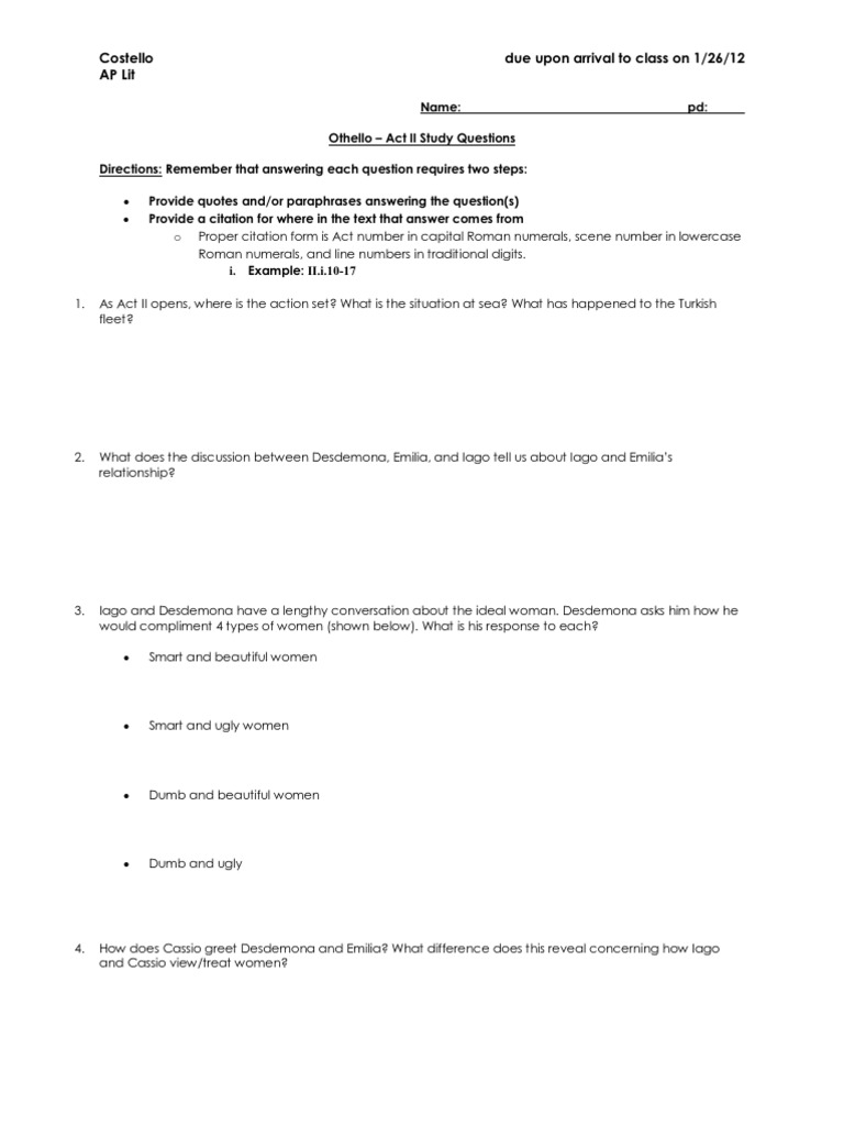 12 AP Lit Othello Act II Study Questions | PDF