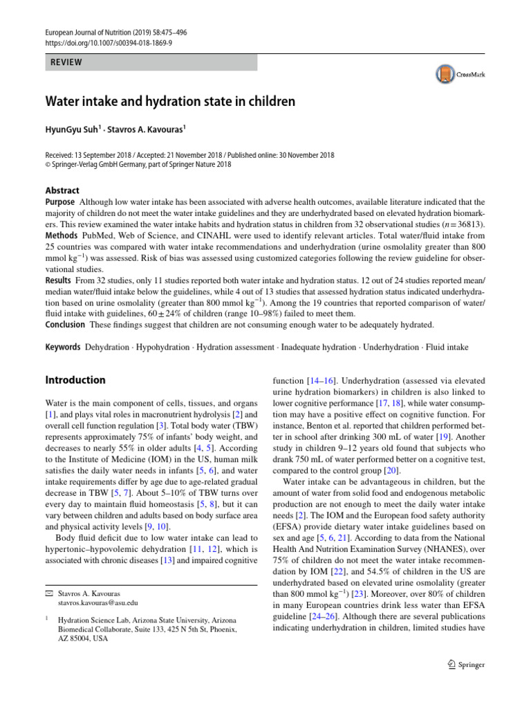 Water Intake and Hydration State in Children - 2019 | PDF