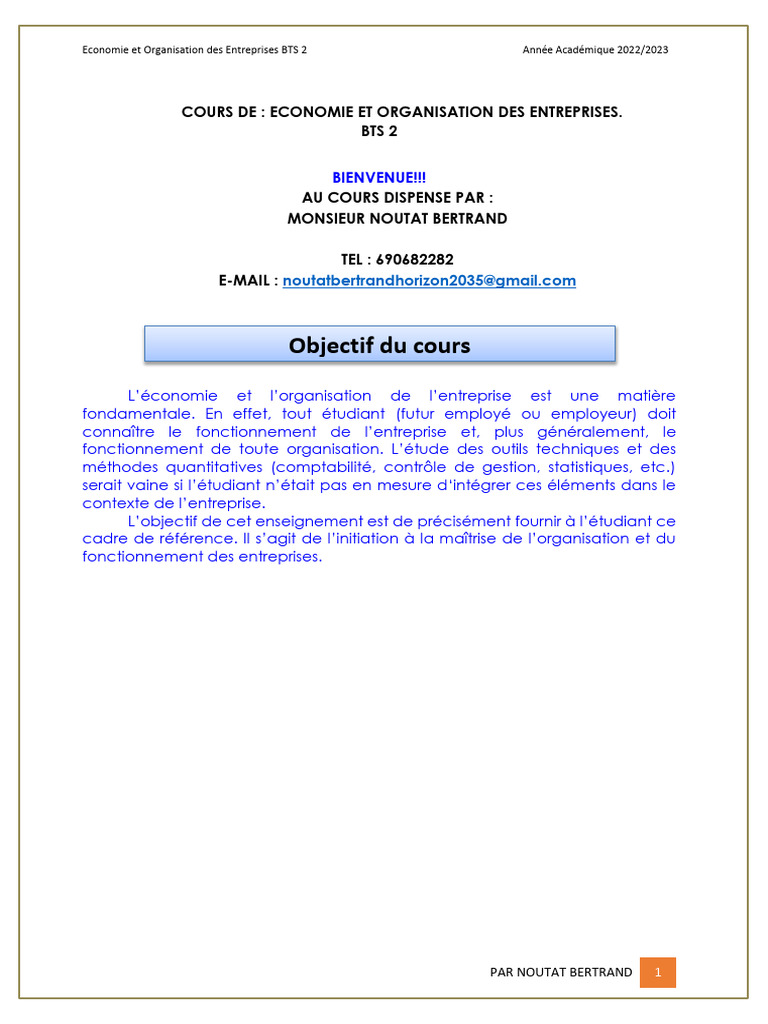 Cours Economie Et Organisation Des Entreprises Bts 2 | PDF