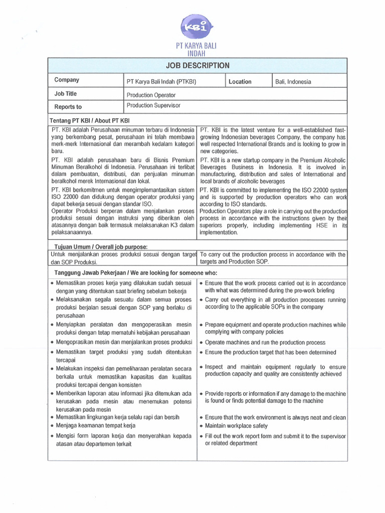 Job Desc - Operator Produksi - Man Cakra Adi | PDF