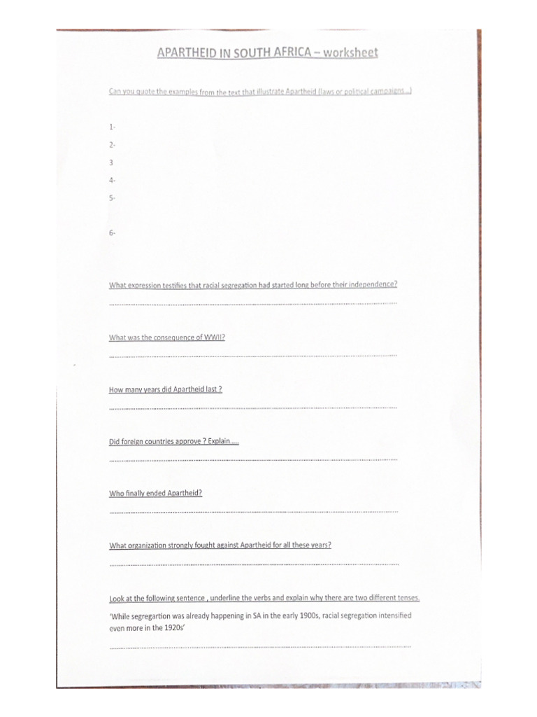 APARTHEID IN SOUTH AFRICA - worksheet | PDF