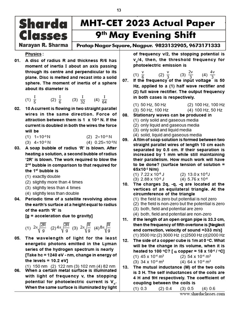 MHT-CET 2023 Physics Questions Analysis | PDF | Gases | Science ...