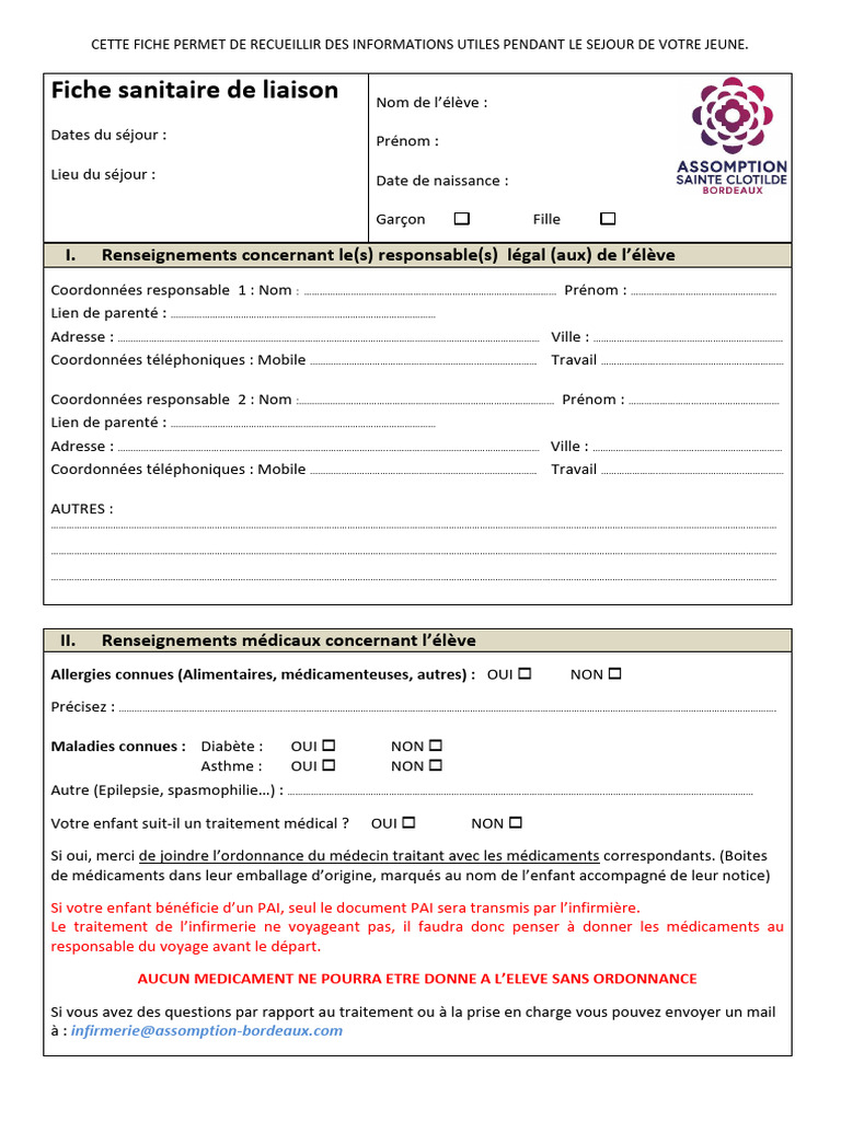 10 - Fiche Sanitaire Journee de Cohesion - 6° | PDF