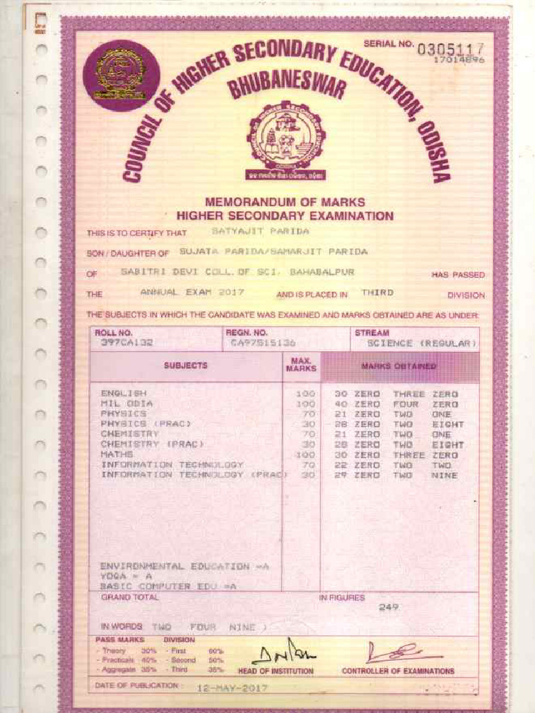 Chse Marksheet | PDF