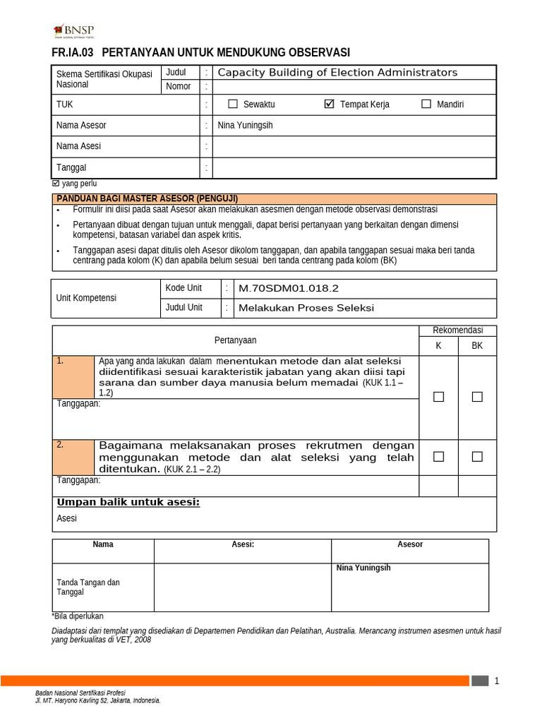 FR - Ia.03 Pertanyaan Untuk Mendukung Observasi | PDF