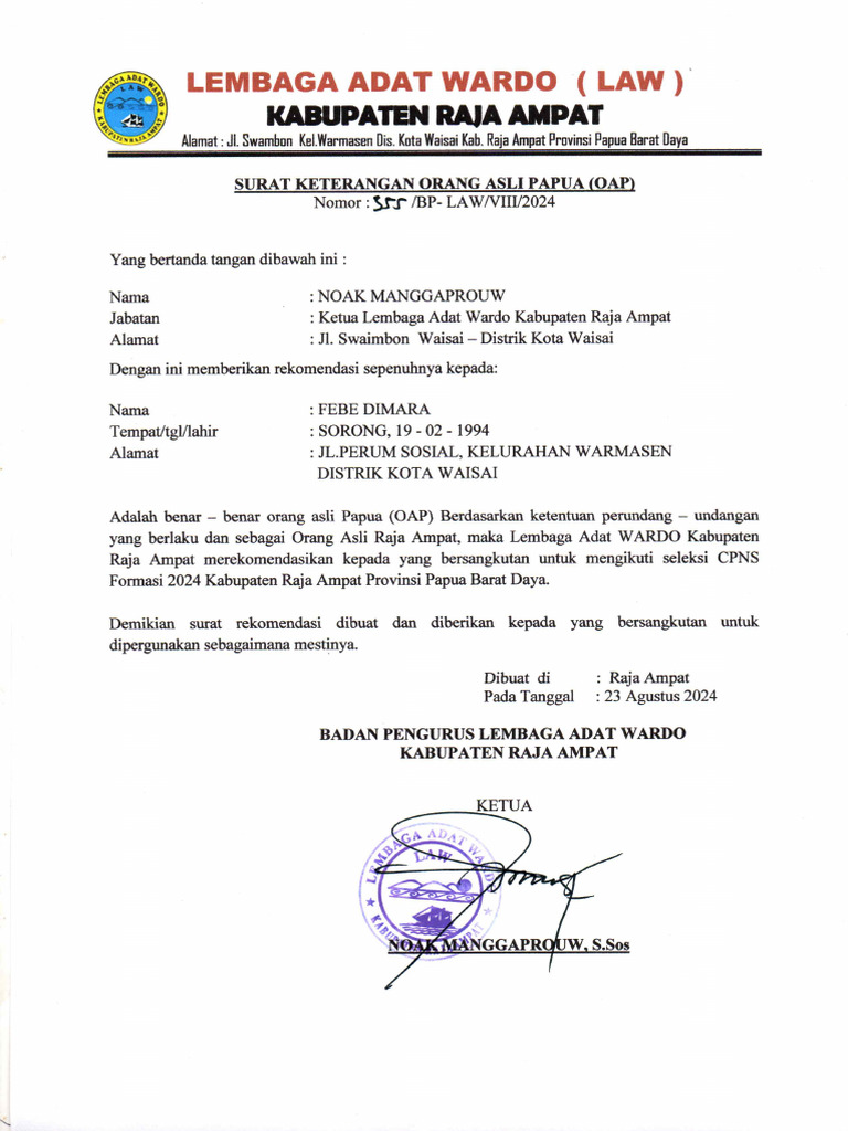 Contoh SURAT KETERANGAN OAP | PDF