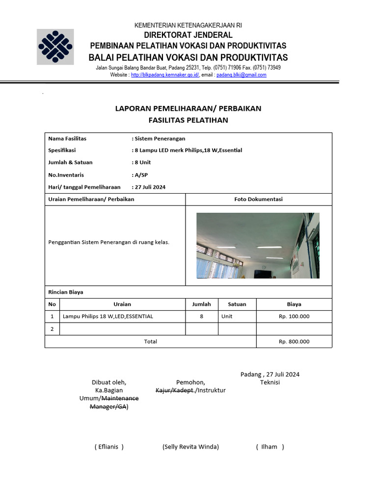 Contoh Laporan Pemeliharaan Perbaikan Faslat | PDF