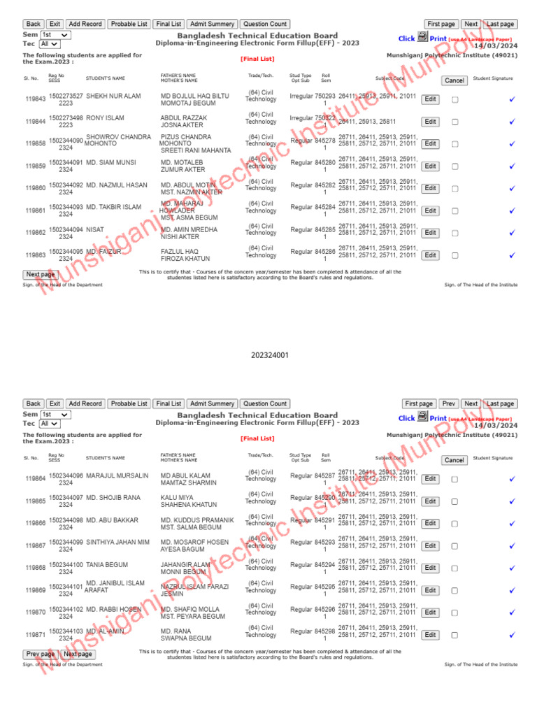 1 ST Semester 202324 Admission Bteb Roll Reg | PDF