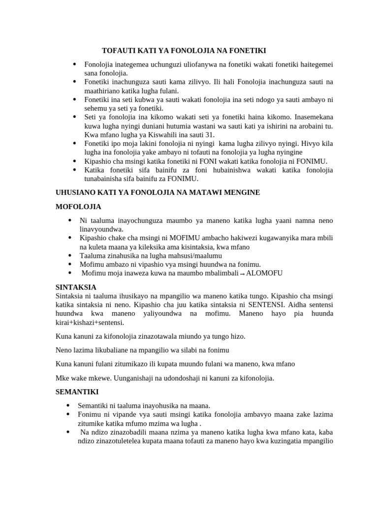 Tofauti Kati Ya Fonoljia Na Fonetiki | PDF