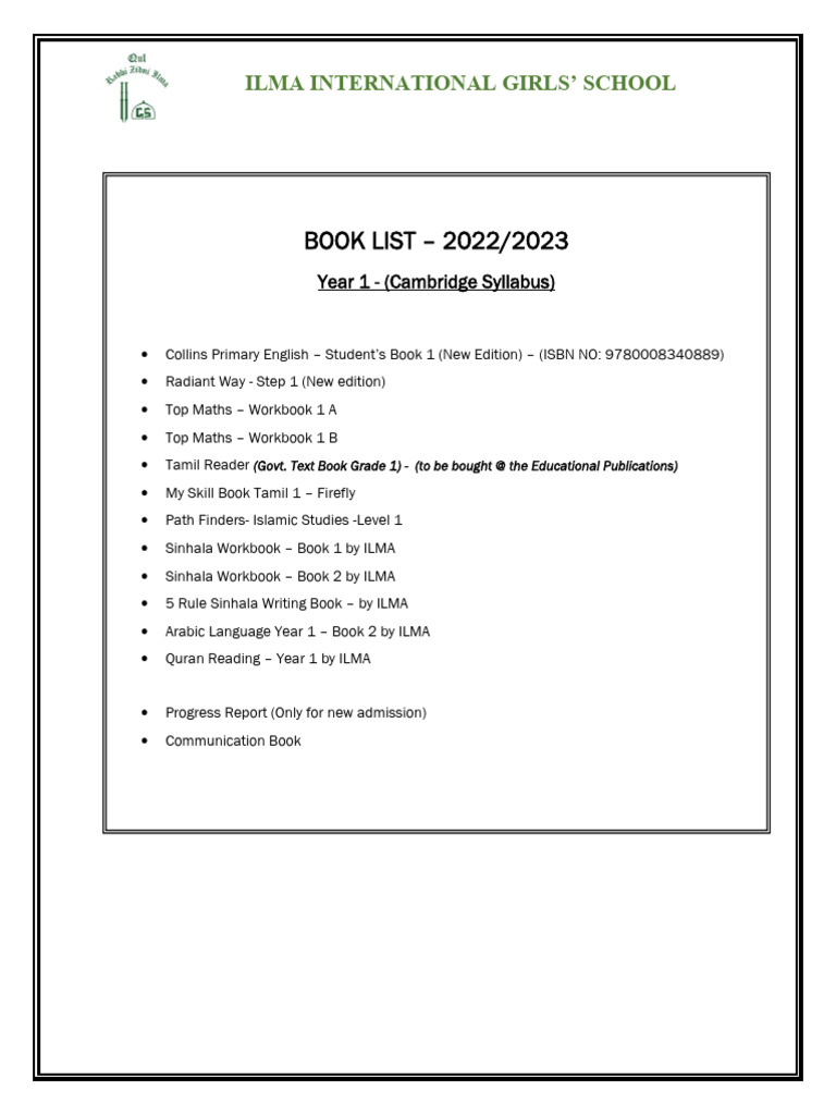 Book List Year 1 Cambridge 2022 23 | PDF
