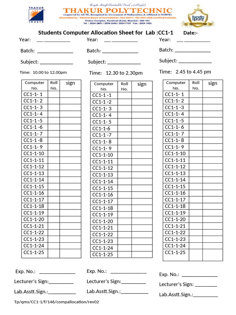 Blank Attendence Sheet Lab cc1-1 | PDF